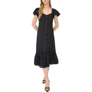 CECE DUPRAZ Eyelet Flutter Sleeve Button Down Midi Dress - Rich Black