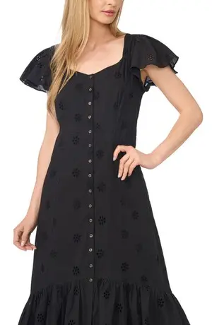CECE DUPRAZ Eyelet Flutter Sleeve Button Down Midi Dress