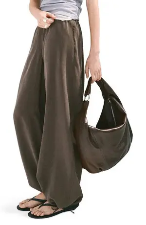 Mango Elastic Waist Baggy Wide Leg Pants - Chocolate