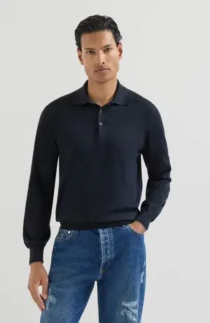 Brunello Cucinelli Cotton Lightweight Knit Polo Shirt - Navy Blue
