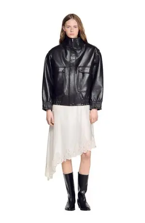 Sandro Standing Collar Leather Jacket - Black Brown