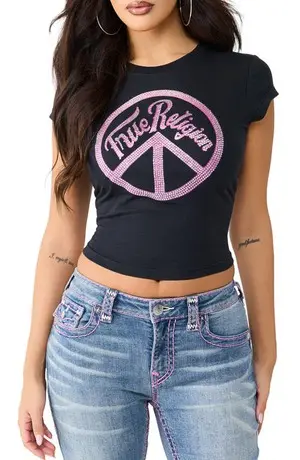 True Religion Crystal Embellished Graphic Stretch Cotton Baby Tee - Jet Black