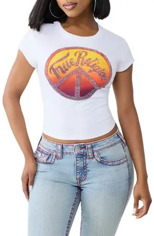 True Religion Crystal Embellished Graphic Stretch Cotton Baby Tee - Optic White
