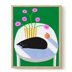 THE PAPER TAIL Green / Pink Table Cat Art Print A4 - Green/pink