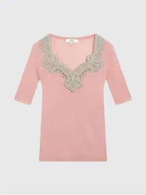 Chloé Slim Fit Ribbed Wool V-neck Top With Embroidery