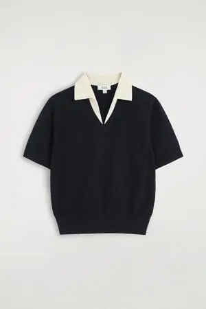 Cos Merino Wool Layered Polo Shirt - Navy/white