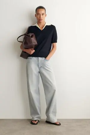 Cos Merino Wool Layered Polo Shirt - Navy/white