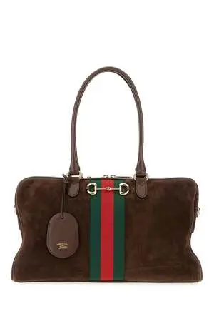 Gucci Suede Shopper Bag With Green And Red Stripes - Multicolor
