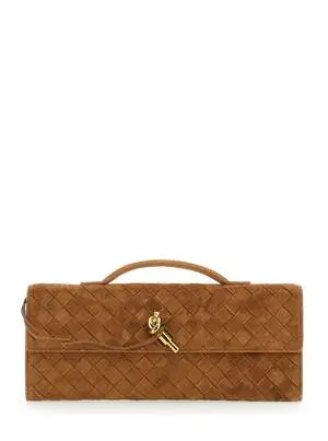 Bottega Veneta Clutch 'andiamo' With Handle And Intreccio Motif In Suede Beige - Brown
