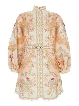 Zimmermann Daylight' Midi Dress With Long Puffed Sleeves And All-over Floral Print In Linen - Multicolor