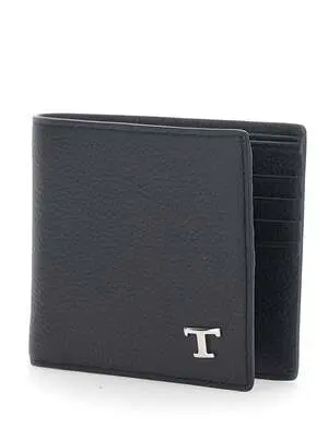 TOD'S Black Bifold Wallet With Metal T Logo Plate On The Front In Leather For - Multicolor