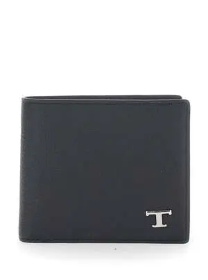 TOD'S Black Bifold Wallet With Metal T Logo Plate On The Front In Leather For - Multicolor