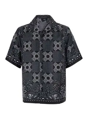 Amiri Bowling Shirt With Cuban Collar And All-over Geometric Print In Silk For - Black