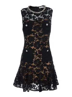 SELF-PORTRAIT Black Mini Dress With All-over Lace Embroidery And Crystal Decoration In Tech Fabric For - Multicolor