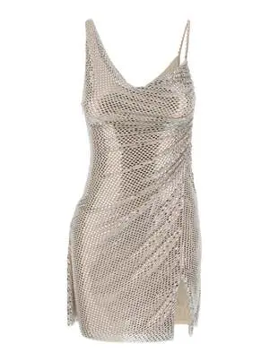SELF-PORTRAIT Metallic Mini Dress Sleeveless Draped With Rhinestones And Single Slit On The Front In Tech Fabric For - Multicolor