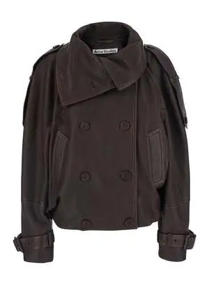 Acne Studios Brown Leather Jacket With Front Zip And Side Pockets