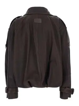 Acne Studios Brown Leather Jacket With Front Zip And Side Pockets
