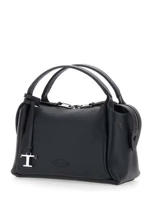 TOD'S Leather Shoulder Bag With T Plaque - Black