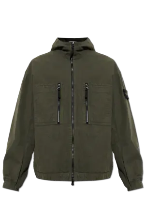 Stone Island Zip-up Hooded Jacket With Logo Patch - Green