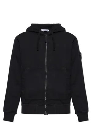 Stone Island Full Zip Hoodie With Logo Patch - Black