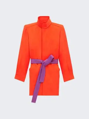 Saint Laurent Belted Coat In Stonewash Silk Satin Coral