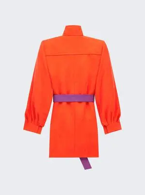 Saint Laurent Belted Coat In Stonewash Silk Satin Coral