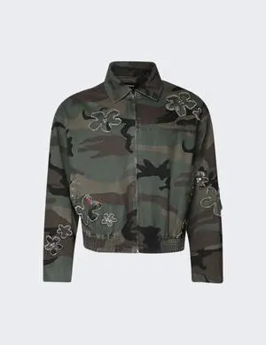 NAHMIAS Camouflage Floral Patch Crystal Bomber Jacket