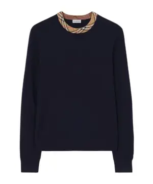 Burberry Check-trim Wool Sweater - Navy