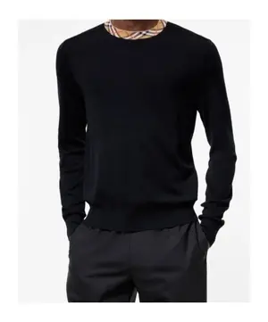 Burberry Check-trim Wool Sweater - Navy