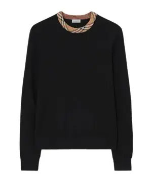 Burberry Crew Neck Wool Sweater With House Check Trim - Black