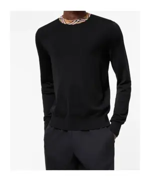Burberry Crew Neck Wool Sweater With House Check Trim - Black