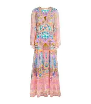 Camilla Silk Maxi Dress With Embellished V-neck