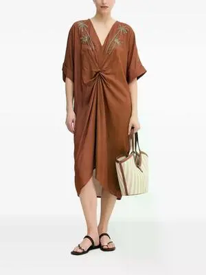 LOLA CASADEMUNT Bead-embellished Twist-front Midi Dress - Brown