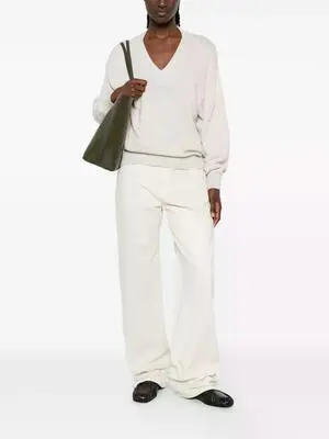 Brunello Cucinelli Beige Cotton Pressed Crease Wide Leg Jeans