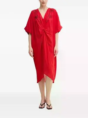 LOLA CASADEMUNT Bead-embellished Twist-detail Midi Dress - Red