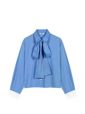 Maje Cotton Pussy Bow Shirt - Blue