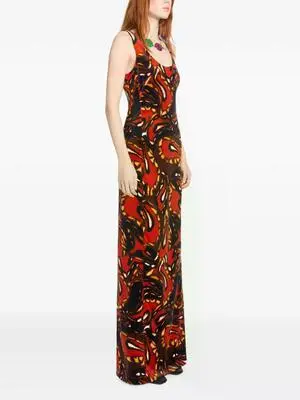 Dries Van Noten Long Printed Velvet Dress - Red