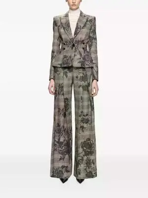 NISSA High-waisted Wide-leg Trousers With Plaid And Floral Print - Grey
