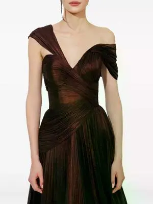 IRIS SERBAN Feather-trimmed Pleated Maxi Dress