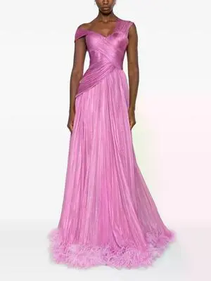 IRIS SERBAN Feather-trimmed Pleated Maxi Dress - Pink