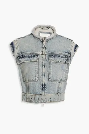 3.1 Phillip Lim Cropped Crystal-embellished Acid Wash Denim Vest