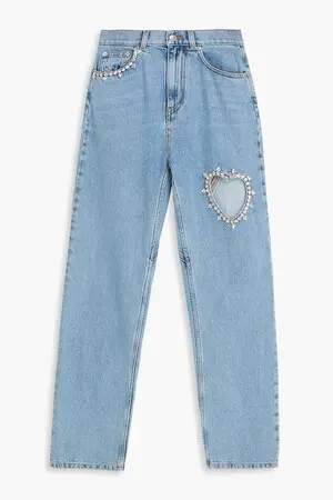 AREA Cutout Crystalembellished Highrise Straightleg Jeans - Mid Denim