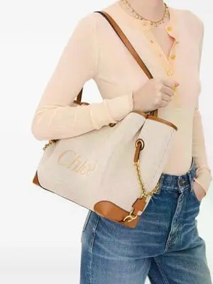 Chloé Canvas Tote Bag With Leather Trim And Chain Detail - Neutrals