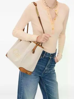 Chloé Canvas Tote Bag With Leather Trim And Chain Detail - Neutrals