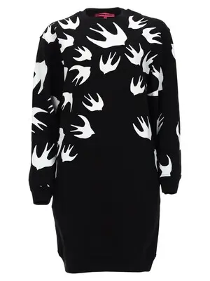 Alexander McQueen Mini Dress With All-over Bird Print - Black