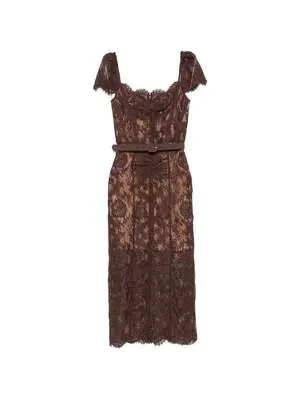 SELF-PORTRAIT Short-sleeve Zip-front Midi Dress With Removable Belt - Marrone