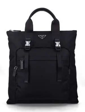 Prada Re-nylon Tote Handbag With Saffiano Leather Trim And Zip Closure - Nero