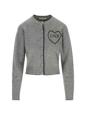 Chloé Contrast-trim Mock Neck Sweater With Fabric-covered Buttons And Embroidered Logo, Size - Grigio