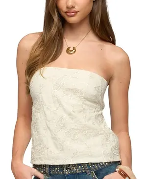 EDIKTED Cheyne Embroidered Strapless Top