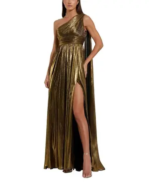Mac Duggal Petite Metallic One Shoulder Gown With Slit - Gold